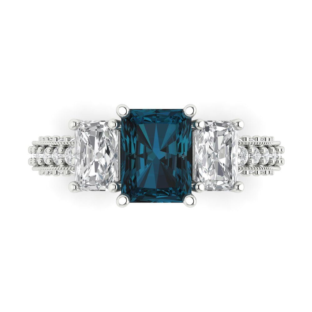 3.61 ct Emerald Cut Natural London Blue Topaz 3 Stone 14K White Gold ...