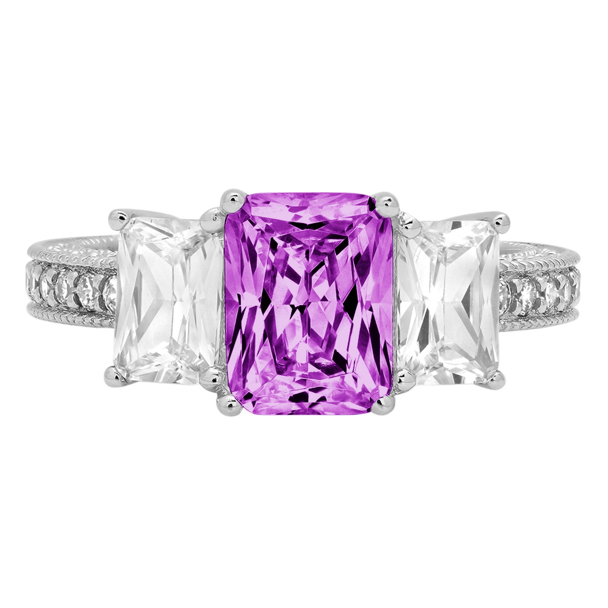 3.61 ct Emerald Cut Simulated Alexandrite 3 Stone 18K White Gold Womens ...
