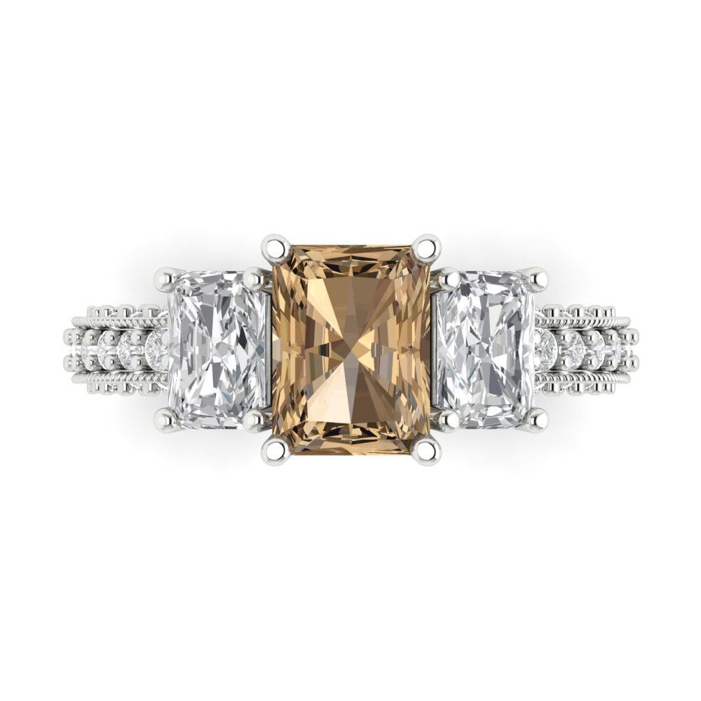 3.61 ct Emerald Cut Simulated Champagne Diamond 3 Stone 14K White Gold ...