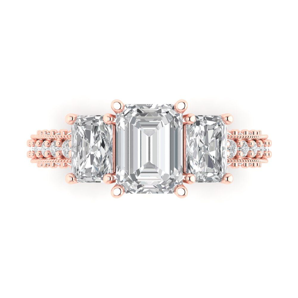 3.61 ct Emerald Cut Simulated Diamond 3 Stone 18K Rose Gold Womens ...