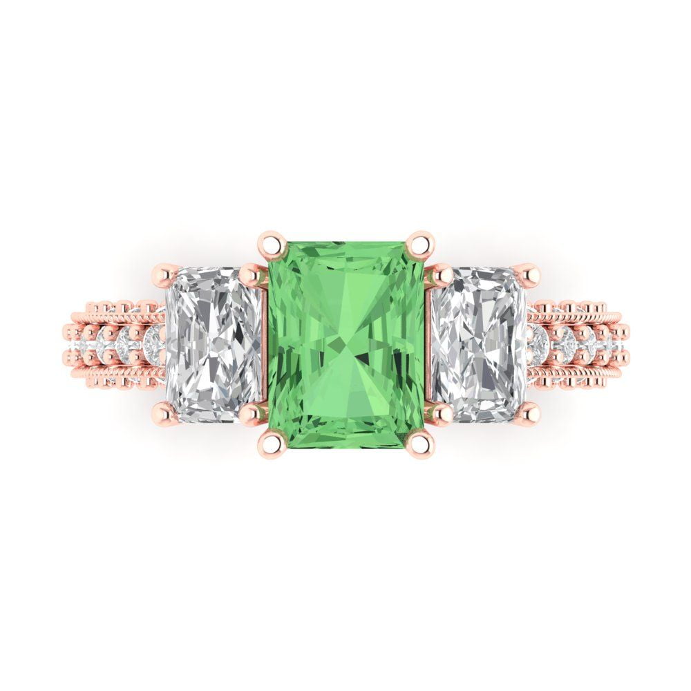 3.61 ct Emerald Cut Simulated Green Diamond 3 Stone 18K Rose Gold ...