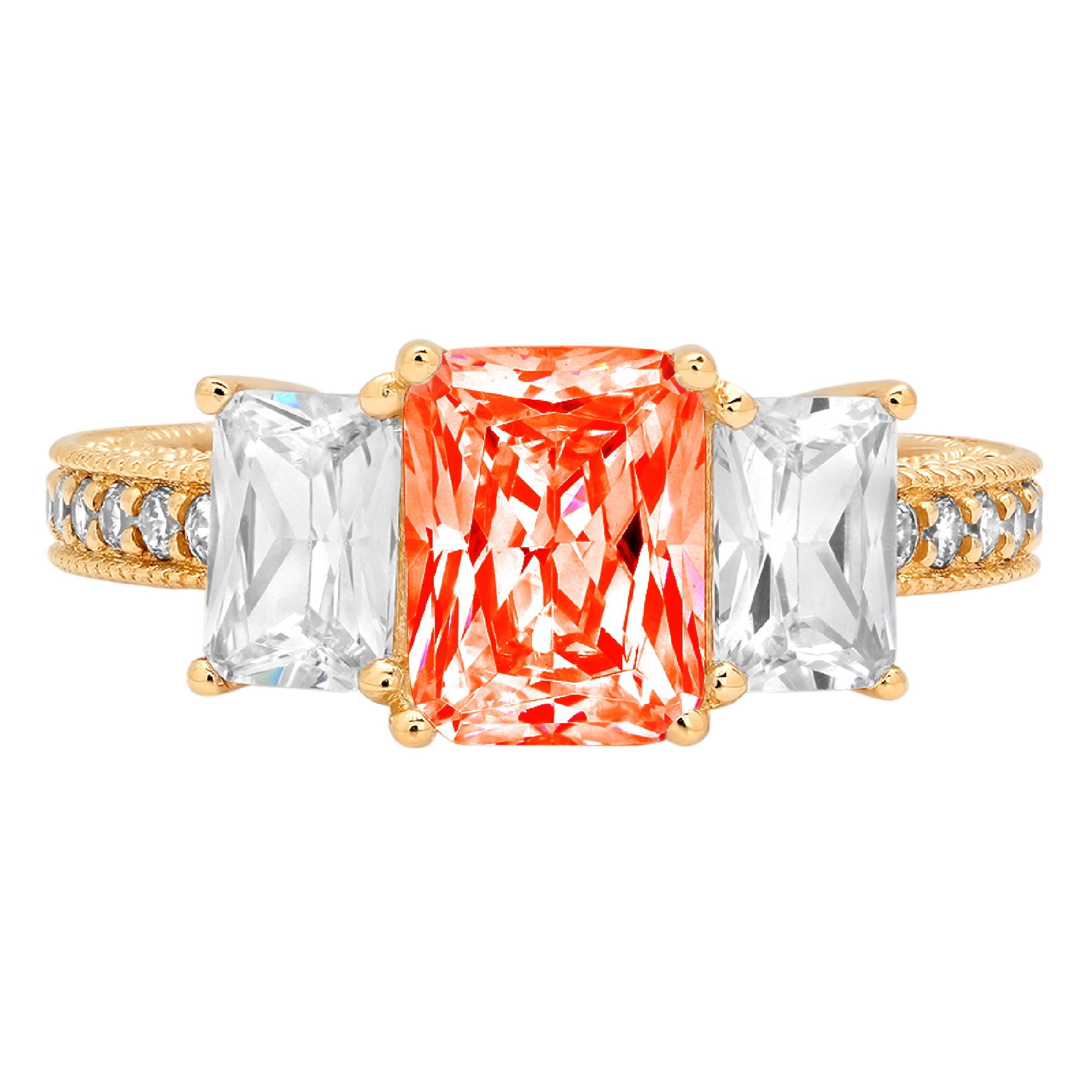 3.61 ct Emerald Cut Simulated Red Diamond 3 Stone 18K Yellow Gold ...