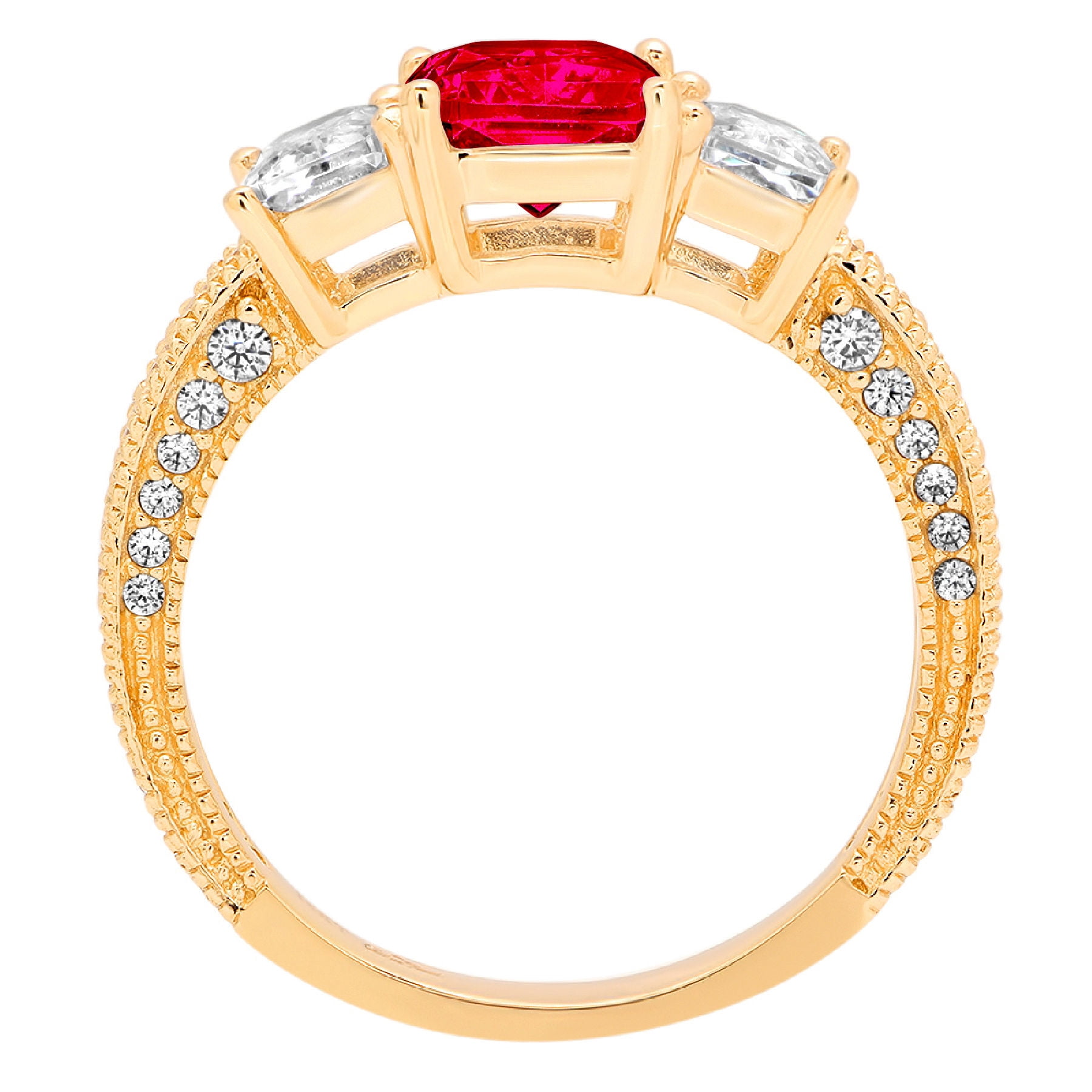 3.61 ct Emerald Cut Simulated Ruby Three-Stone Engagement Ring for Women in 14K Yellow Gold ...