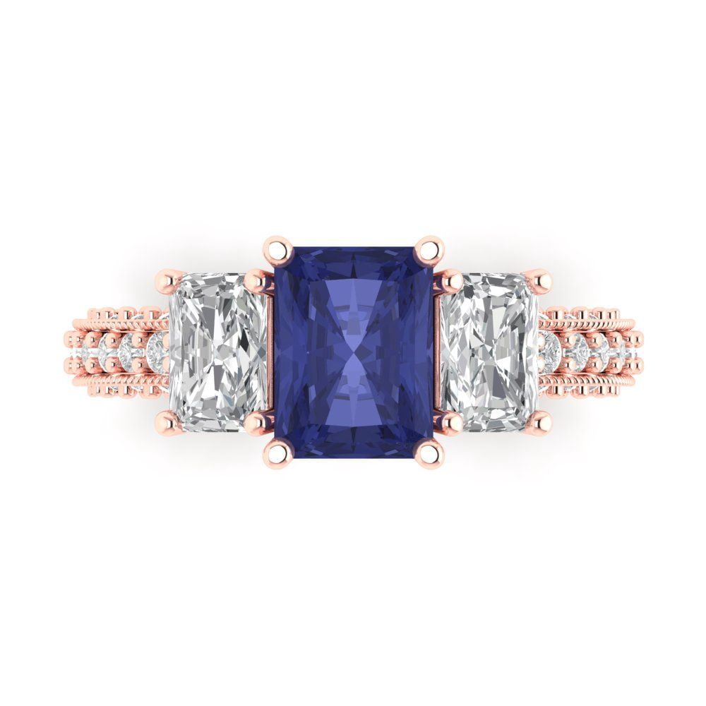 3.61 ct Emerald Cut Simulated Tanzanite 3 Stone 14K Rose Gold Womens ...