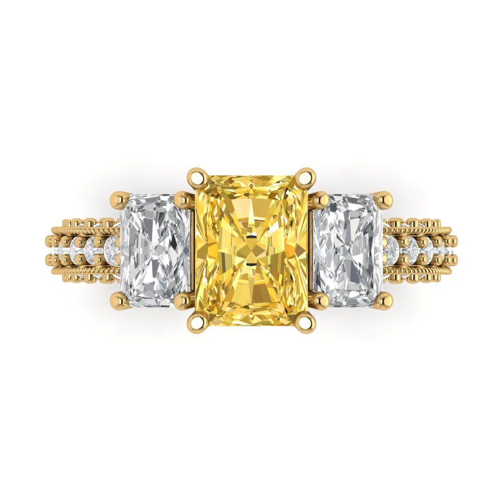 3.61 ct Emerald Cut Simulated Yellow Diamond 3 Stone 14K Yellow Gold ...