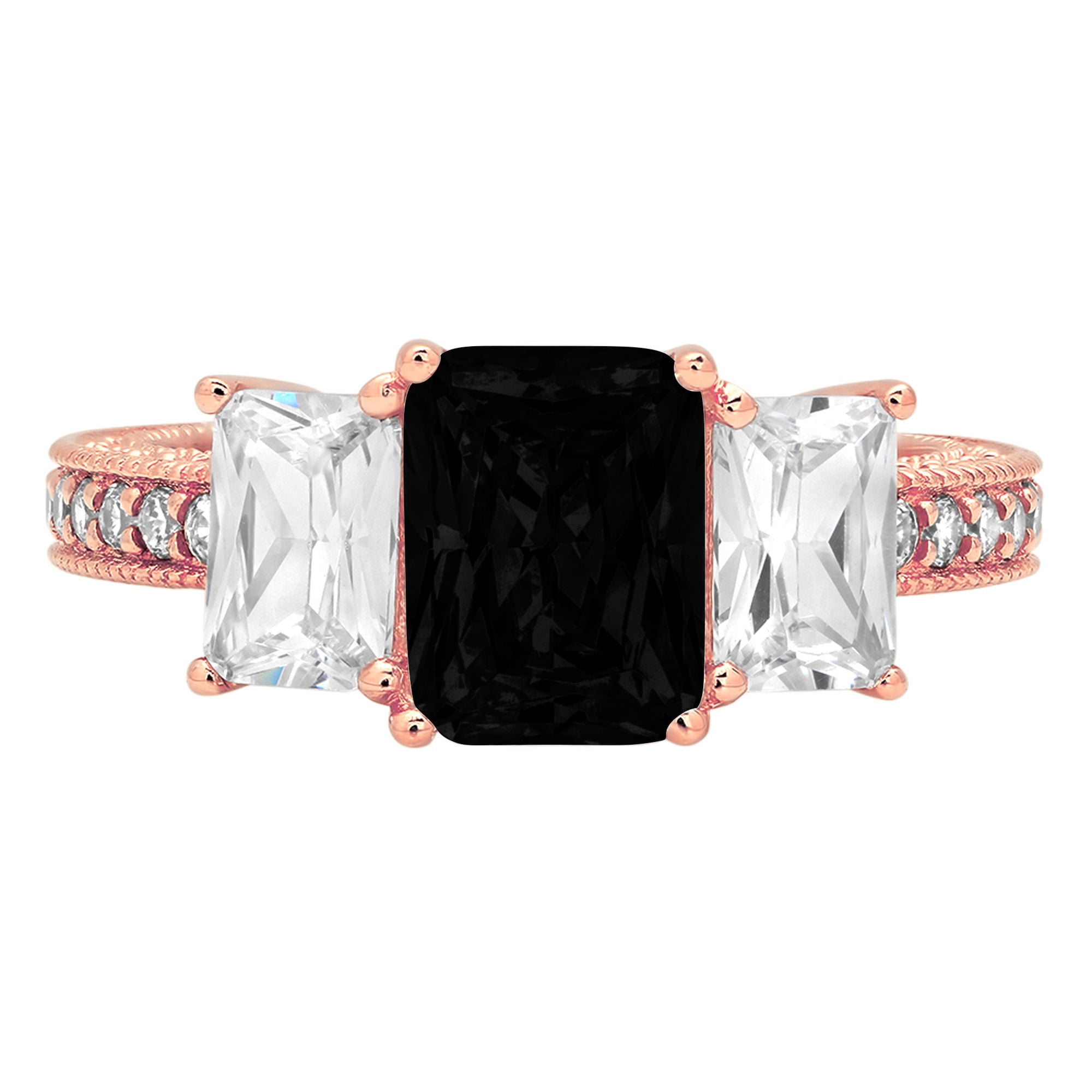 3.61ct emerald cut black natural onyx 18k rose gold anniversary engagement 3 stone ring size 8. ...
