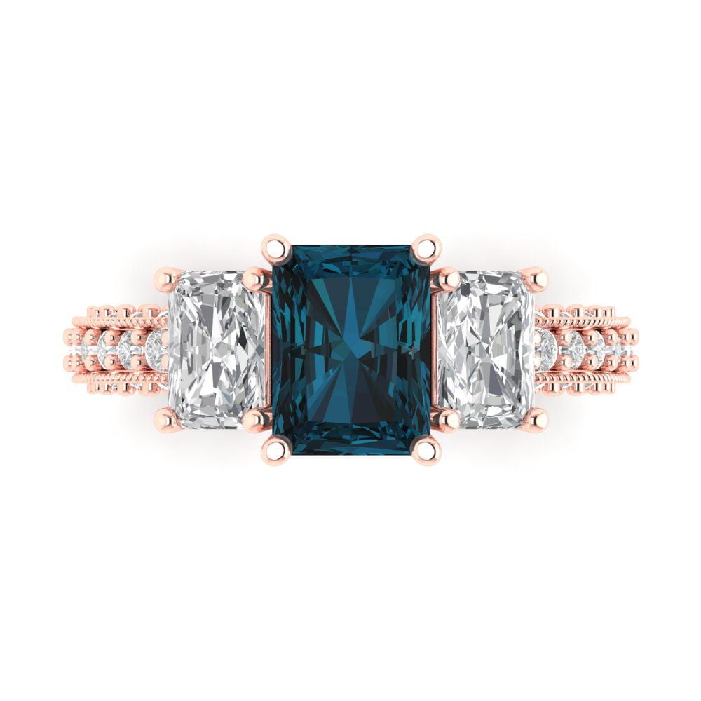 3.61 ct Emerald Cut Natural London Blue Topaz 3 Stone 18K Rose Gold ...