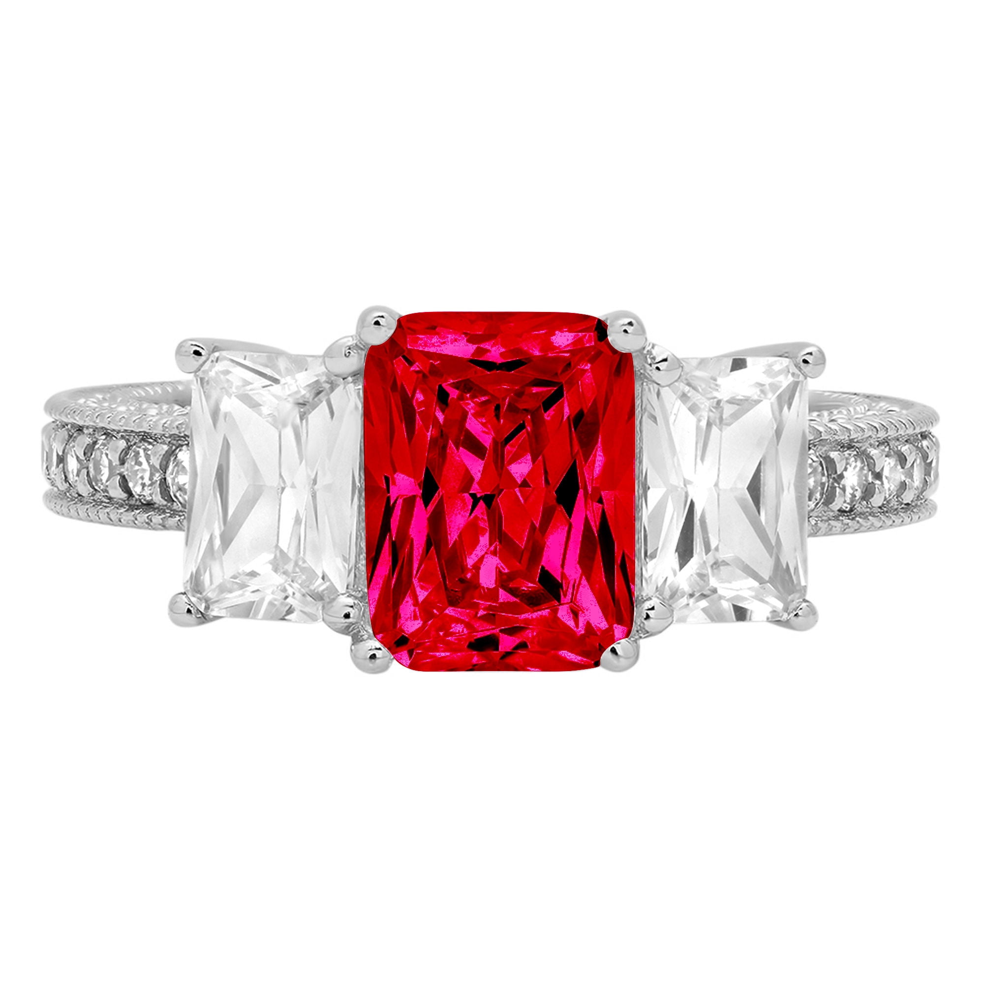 3.61 ct Emerald Cut Simulated Ruby 3 Stone 14K White Gold Womens ...