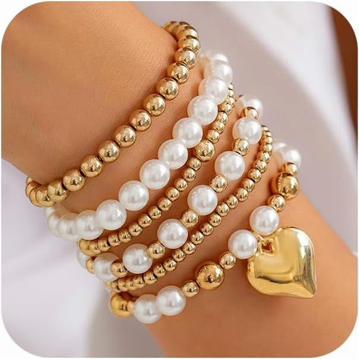 3/6Pcs Chunky Fine Baroque Pearls Heart Stack Bracelets designed for Women White Coquette Pearl ...