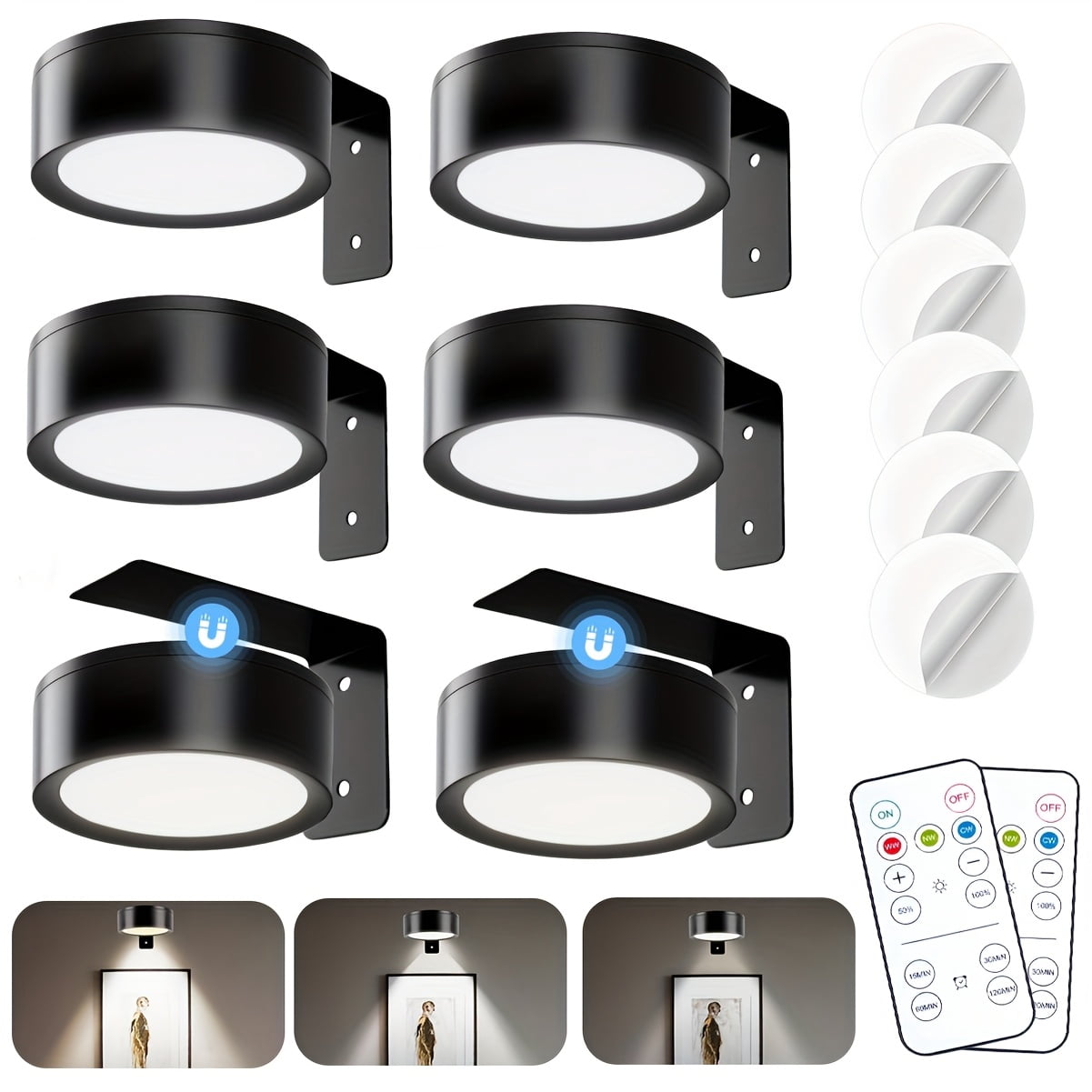 3/6pcs Battery- Magnetic Picture Lights with Remote, Dimmable Timer & 3 ...