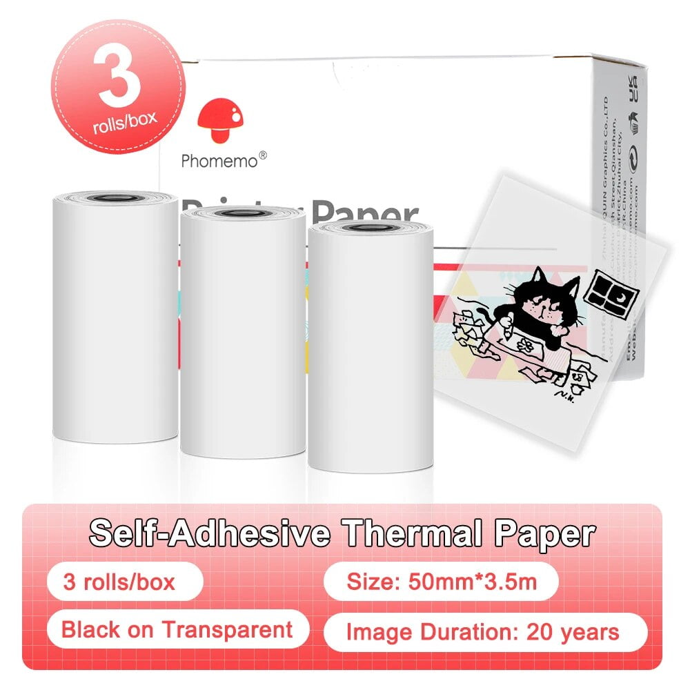 3-6rolls T02 Printe Sticker Paper Thermal Paper 50mm 53mm White Colorful for Phomemo Pocket T02 ...