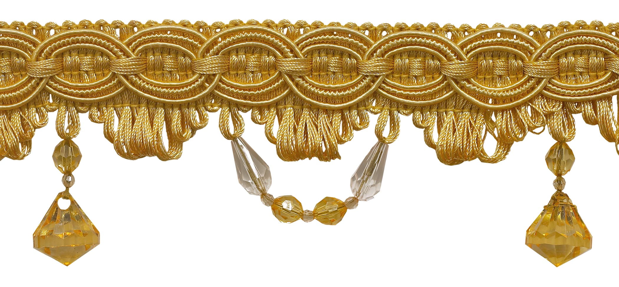 3" (7.5cm) Beautiful Beaded Fringe Trim with Fancy Gimp Header # BF300,, Maize Gold #GD0011 ...