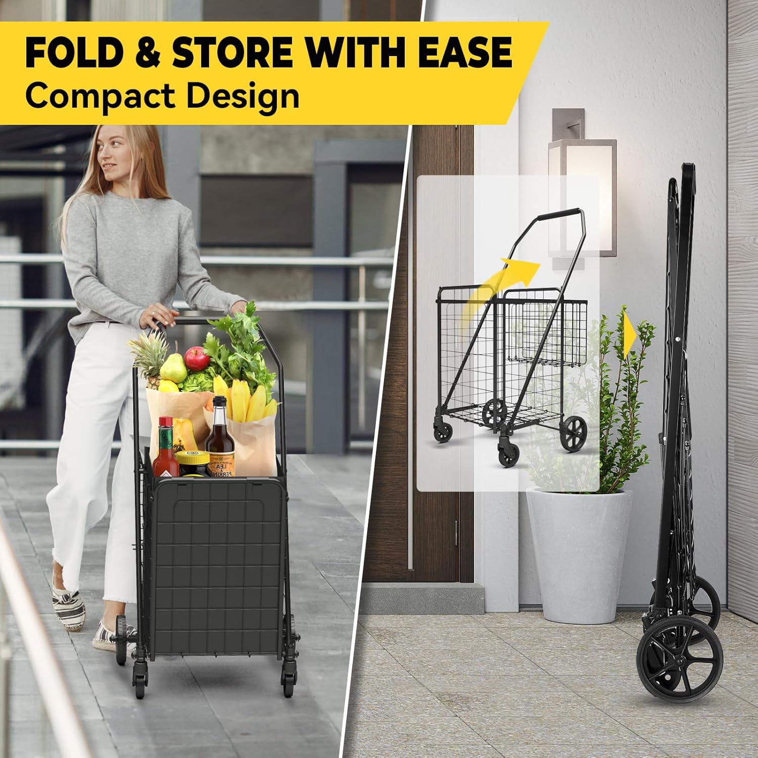 3.7 Cu Ft Folding Shopping Cart - 380 LB Capacity Grocery Cart with 360 ...