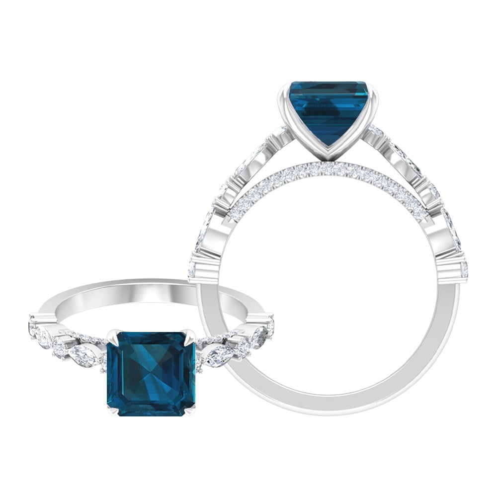 3.75 CT Engagement Rings for Women with London Blue Topaz and Moissanite Accent, 18K White Gold ...