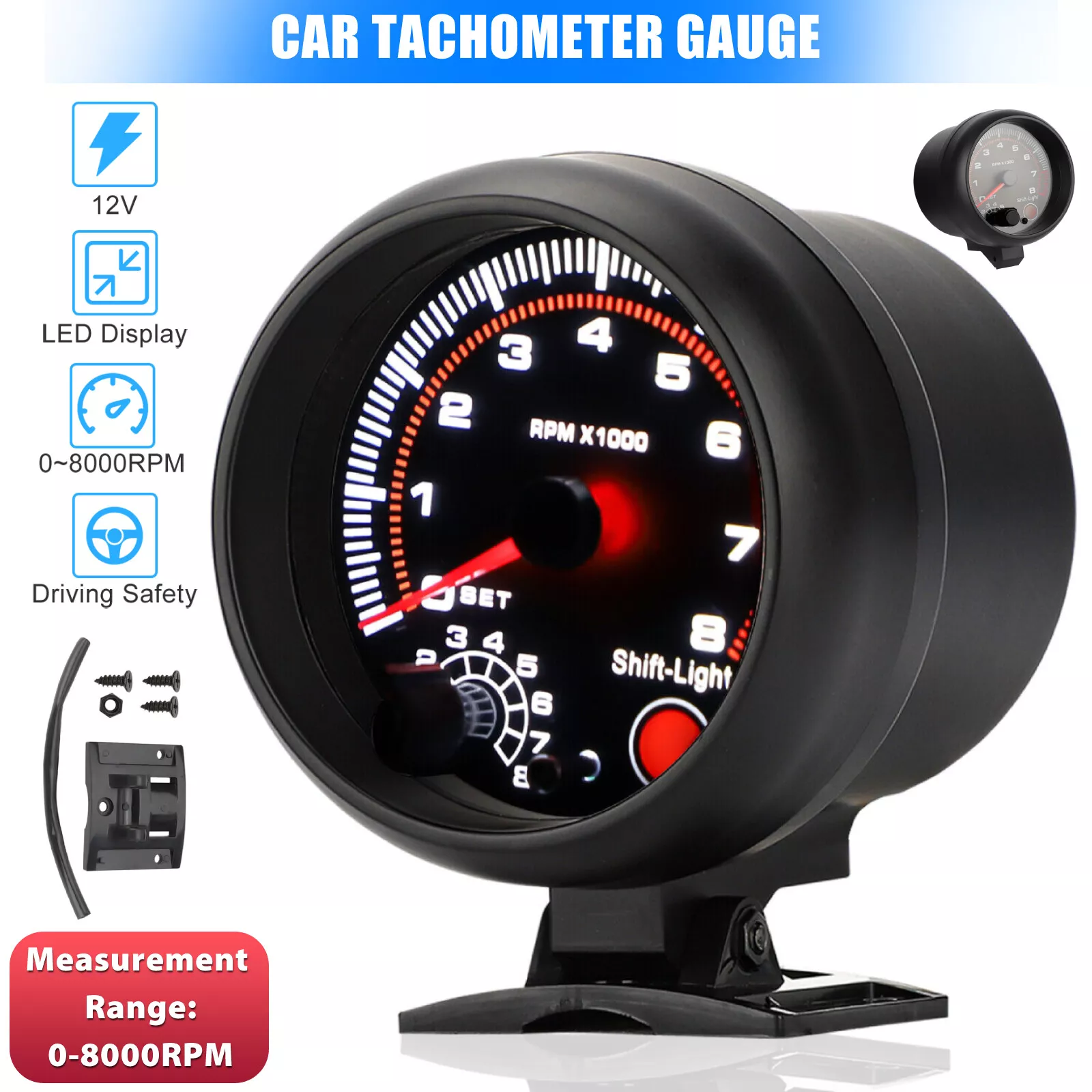 3.75" Universal Car Tachometer Gauge Meter with LED Shift Light 0-8000 ...