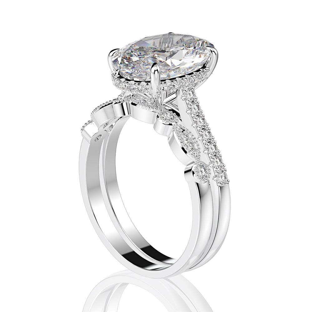 3.75Ct Vintage-Inspired Oval Cut Engagement Ring Set, Crystal Solitaire Ring, Bridal Ring Set ...