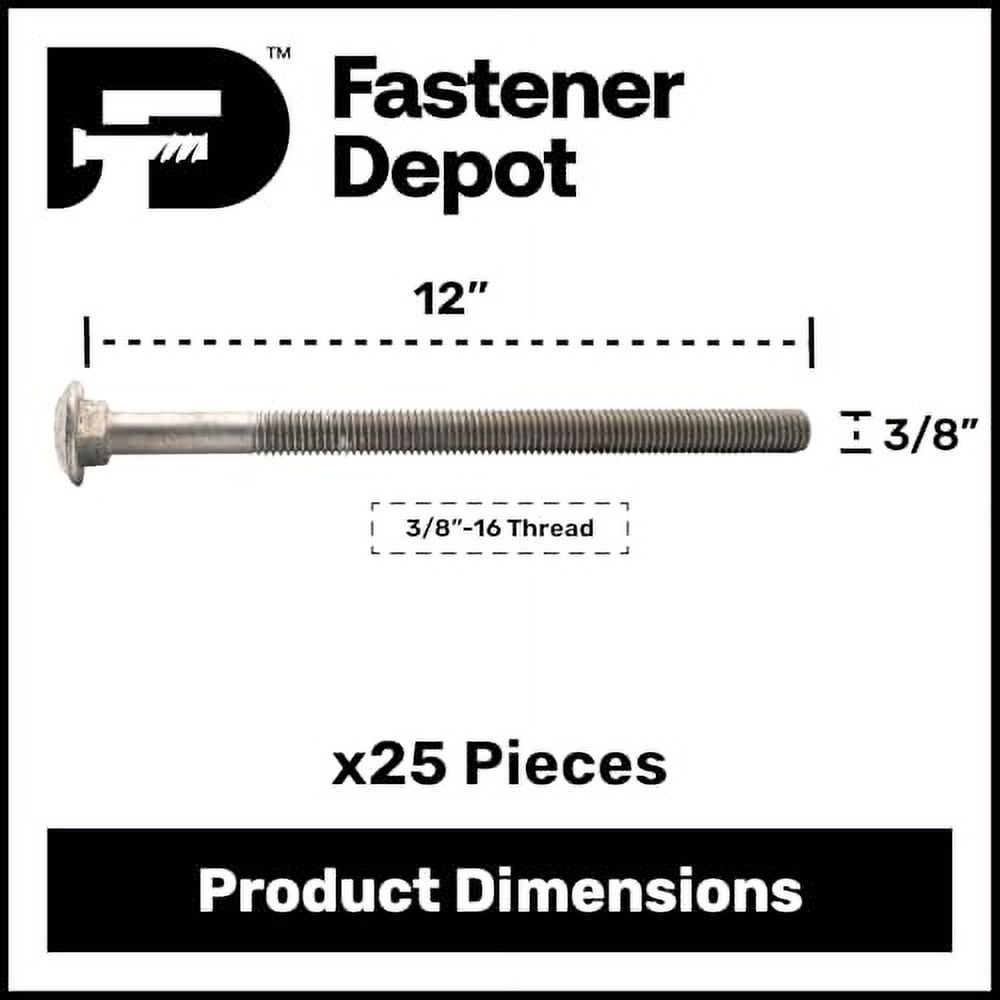 3/8"-16 x 12 Hot Dipped Galvanized Carriage Bolt, Grade A, 6" of Thread ...