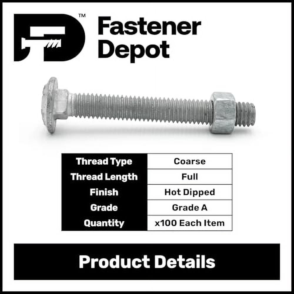 3/8"-16 x 3 Hot Dipped Galvanized Carriage Bolt Kit w/Nuts, Grade A, Full Thread, Quantity 100 ...