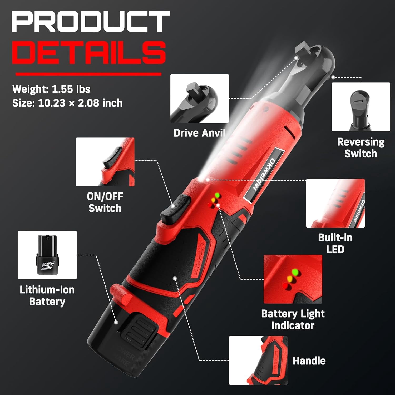 3/8" Cordless Electric Ratchet Wrench Set, 12V Power Ratchet with 33 Ft ...