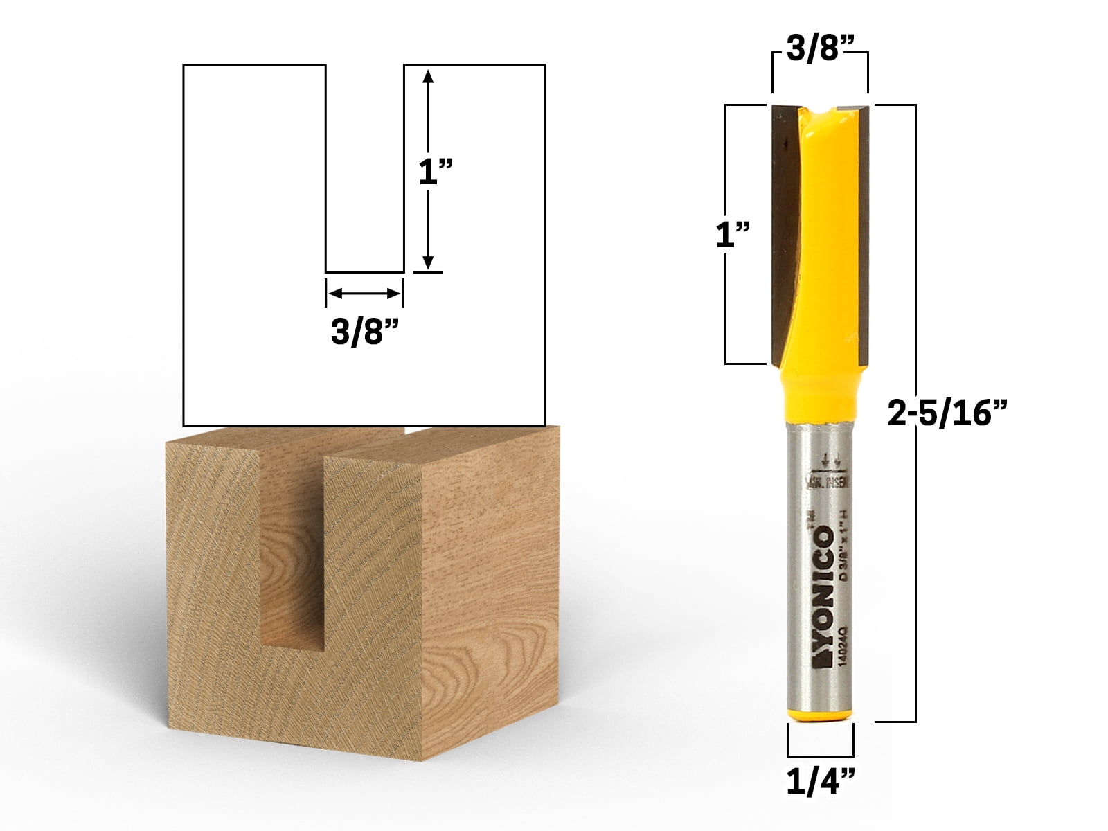 3/8" Diameter X 1" Height Straight Router Bit - 1/4" Shank - Yonico ...