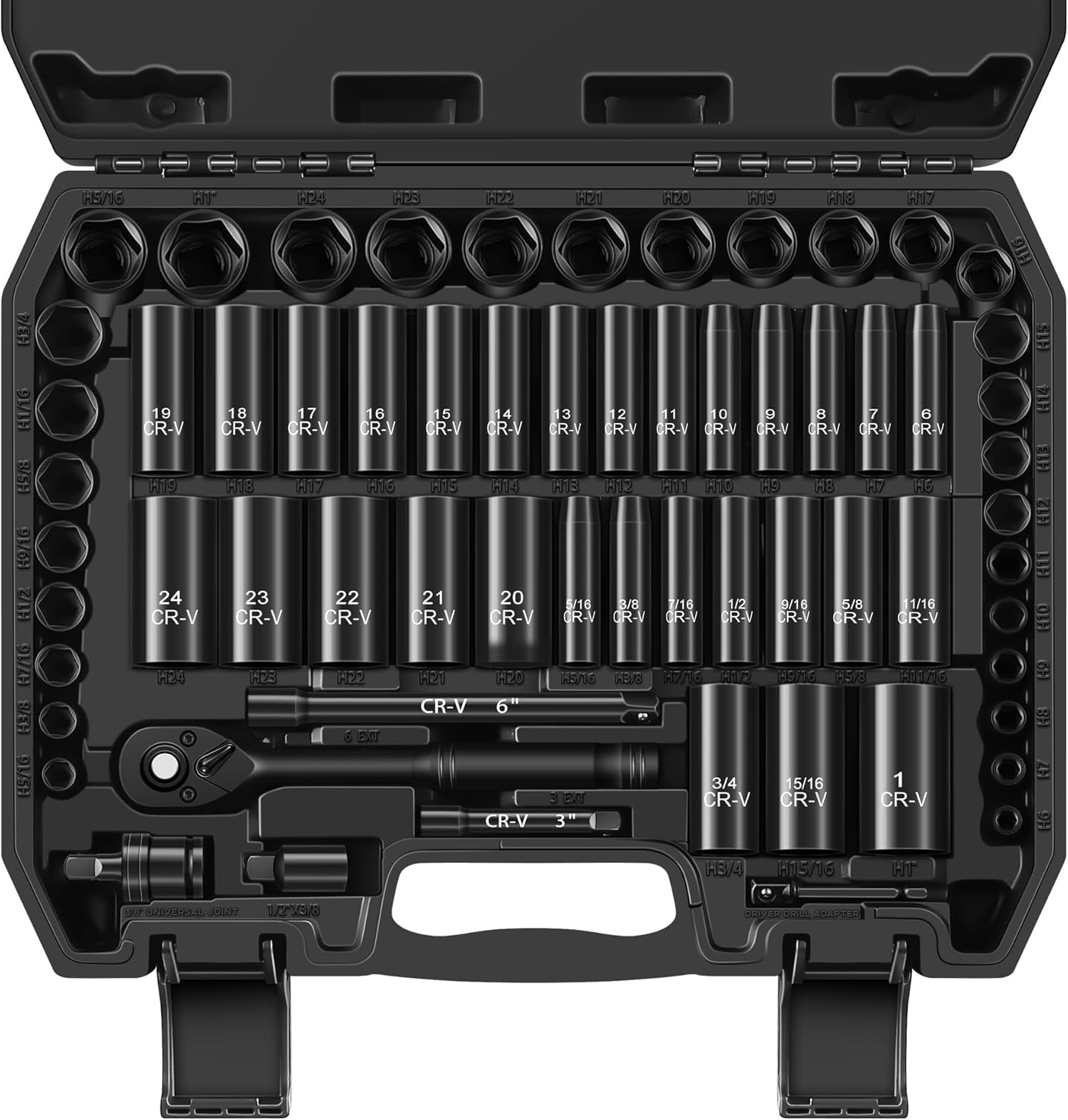 3/8" Drive Impact Socket Set, 64- Deep & Shallow (5/16"-1") & Metric ...