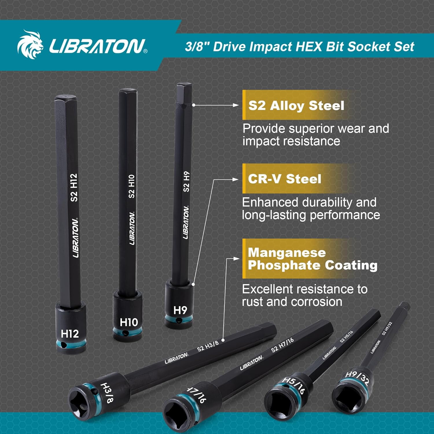 3/8" Drive Long Allen Socket Set, 6" Long Hex Bit Sockets, S2 Steel ...