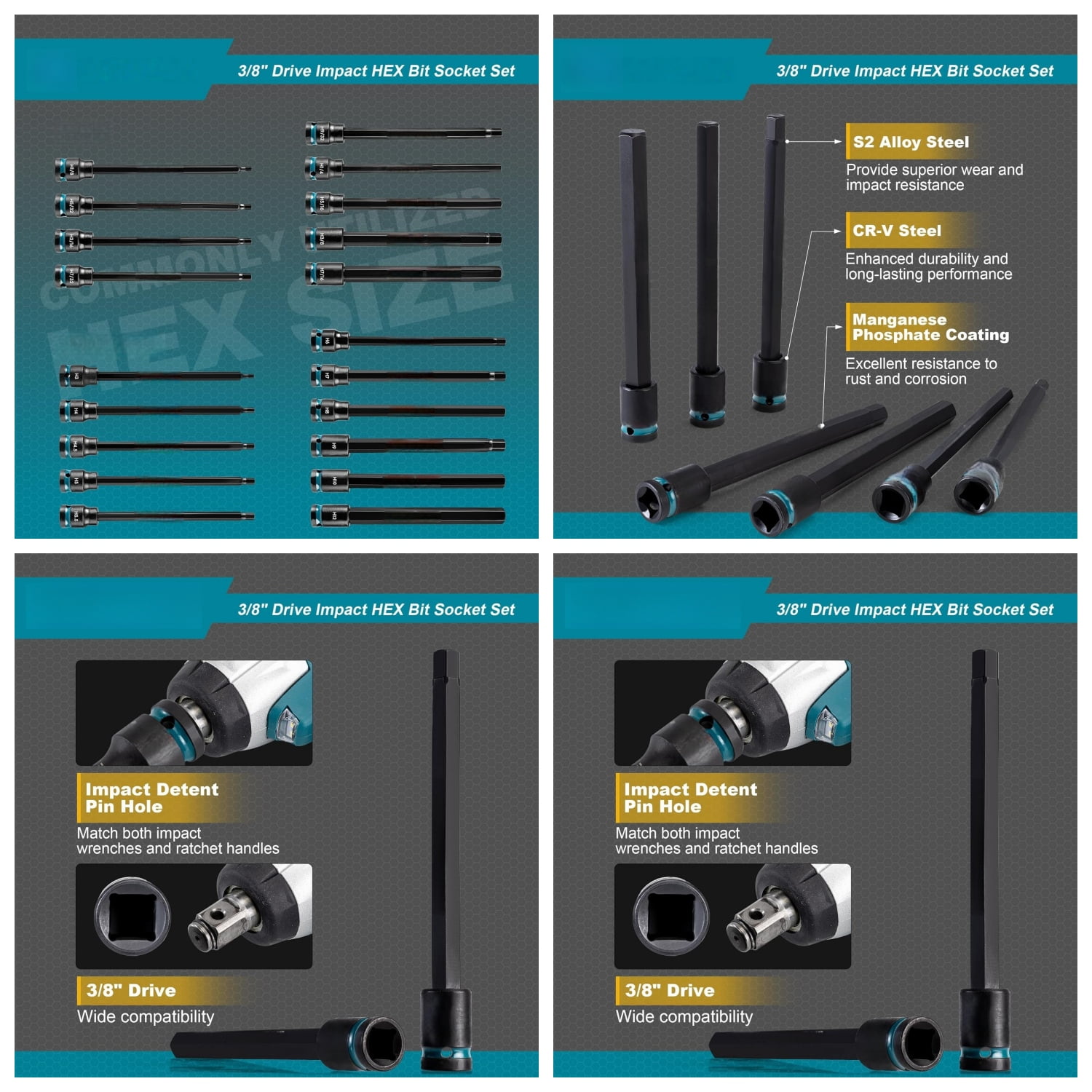 3/8" Drive Long Impact Hex Bit Socket Set, Allen Bit Sockets, S2 Steel ...