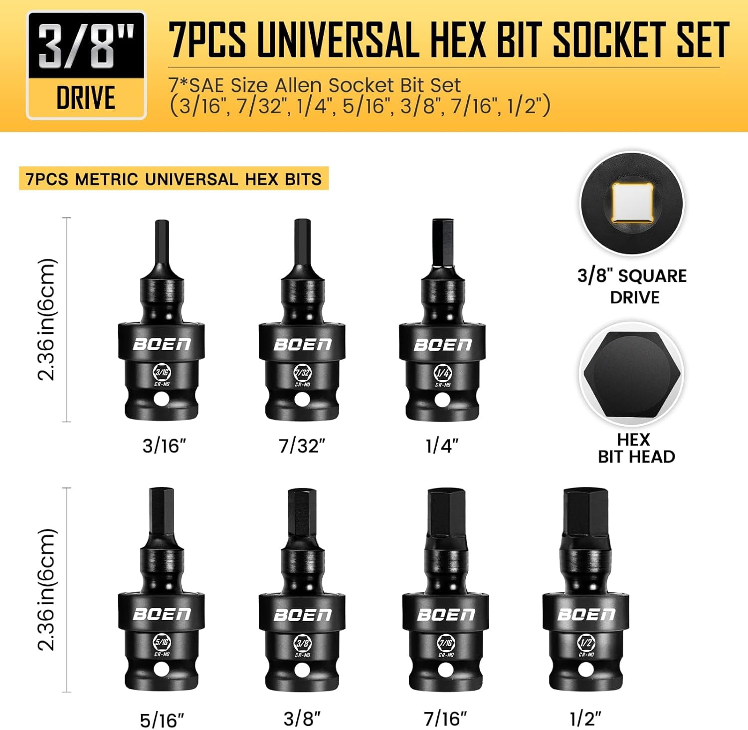 3/8" Drive Universal Hex Bit Socket Set, 7-Piece SAE Impact Swivel Allen Bit Sockets, 360 ...