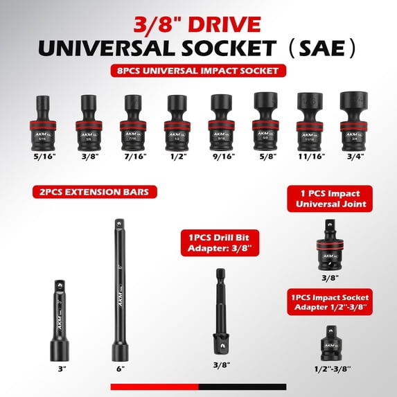 3/8" Drive Universal Impact Socket Set, 13 Piece Swivel Socket Set ...