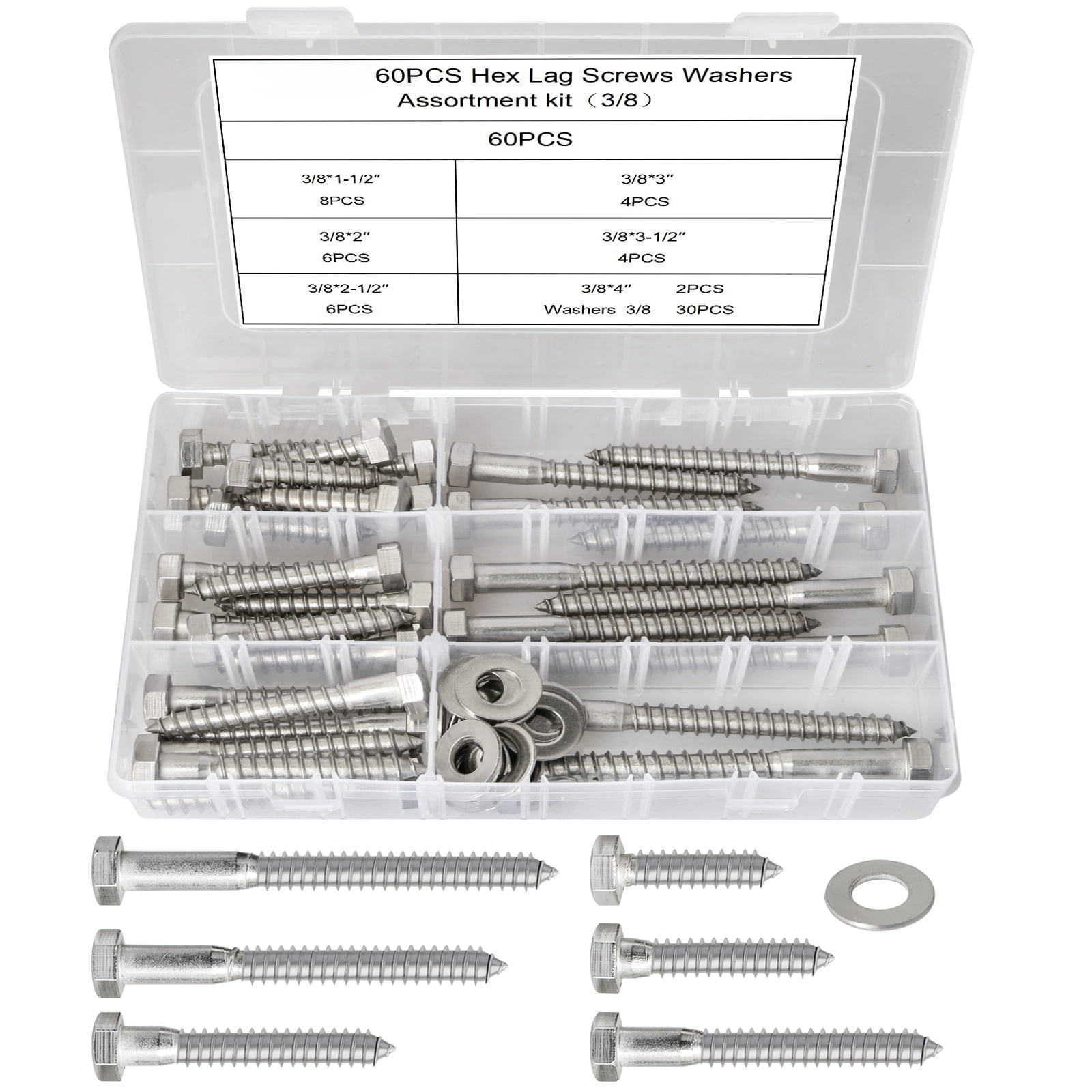 60PCS 3/8" Stainless Steel Self Drilling Hex Lag Screws Assortment Set ...