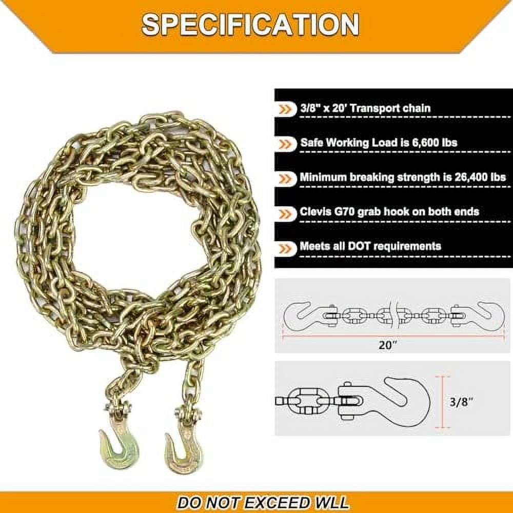 3/8 inch x 20 Feet G70 Transport Binder Chain with Grab Hook 6,600 lbs WLL, Heavy Duty Logging ...