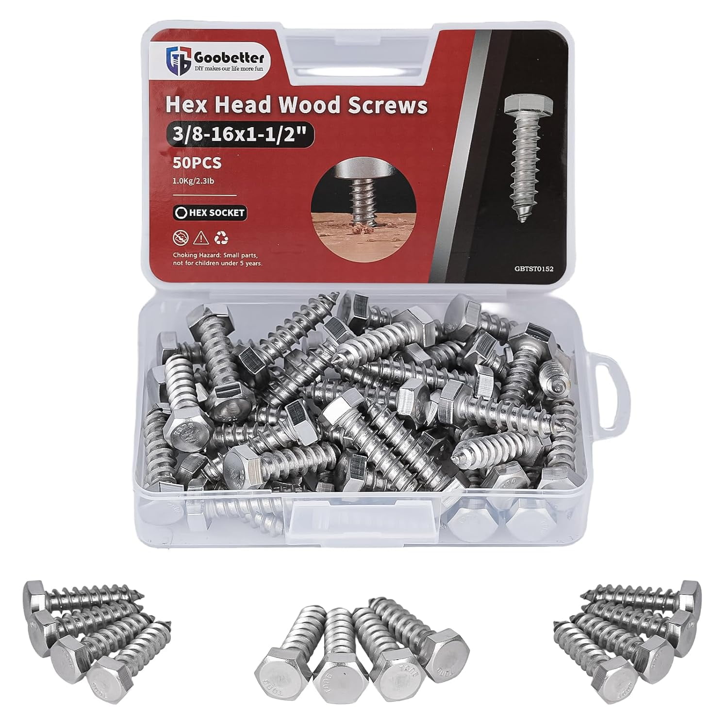 3/8" x 1-1/2" Hex Head Wood Screws - 50 Pack - for Woodworking ...
