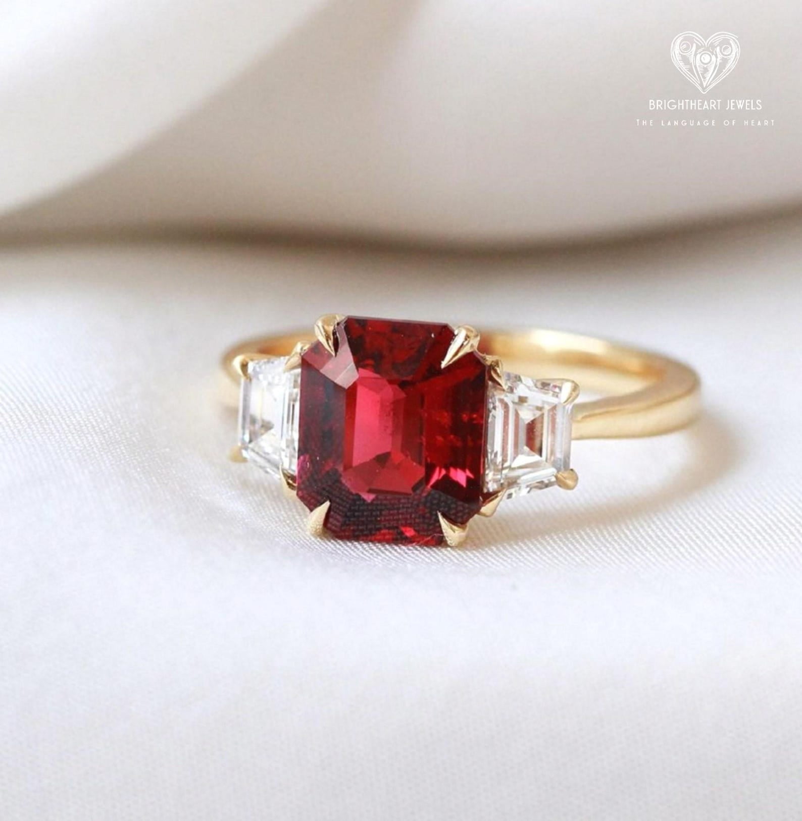 3.81 TC Red Emerald Cut Three Stone Ring,Emerald Ruby Ring,Trapezoid ...