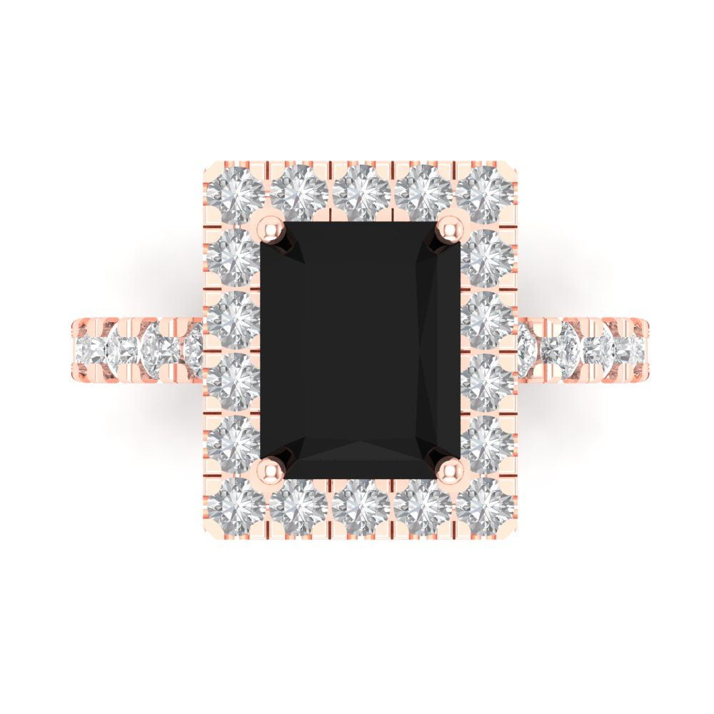 3.84ct emerald cut black natural onyx 14k pink rose gold engraving statement bridal wedding halo ...