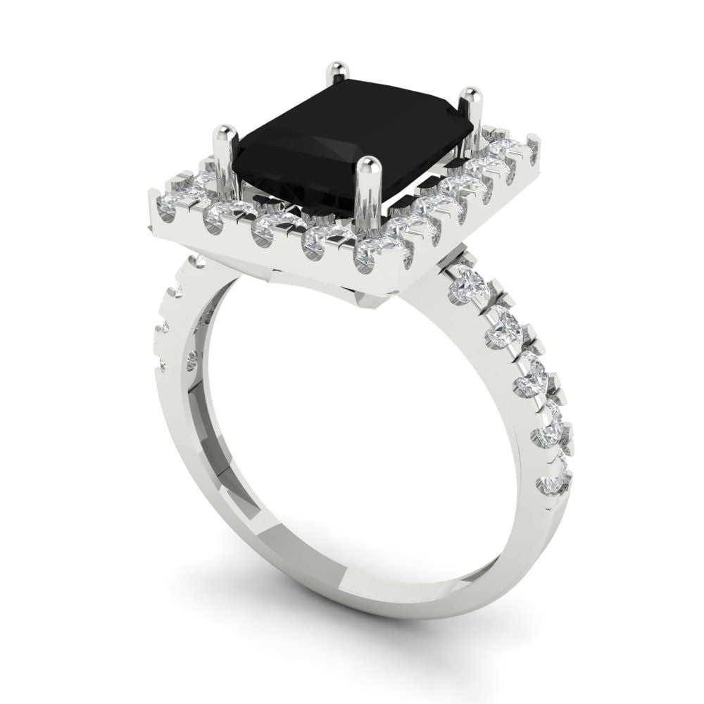 3.84ct emerald cut black natural onyx 14k white gold halo Bridal Wedding Engagement Promise ...