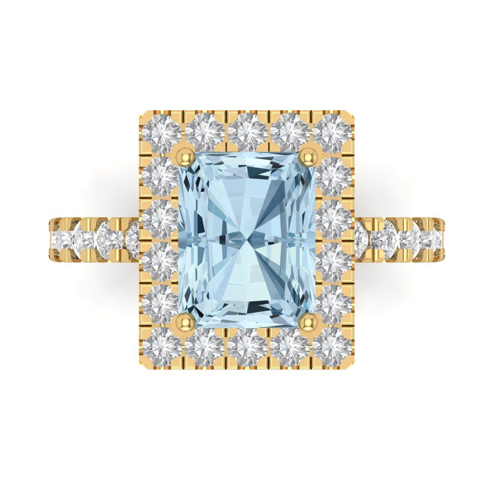 3.84ct emerald cut blue Crystal 14k yellow gold engraving statement bridal wedding halo Designer ...