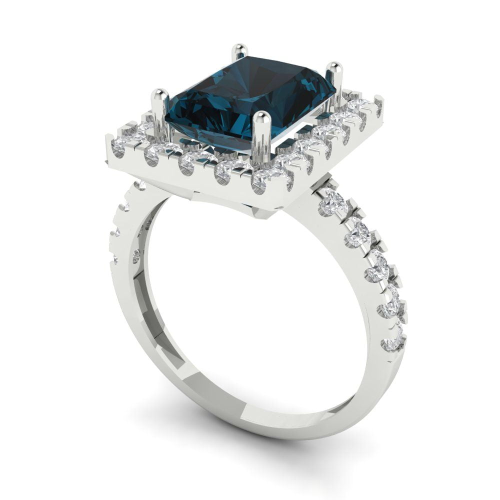 3.84ct emerald cut natural london blue topaz 18k white gold halo Bridal Wedding Engagement ...