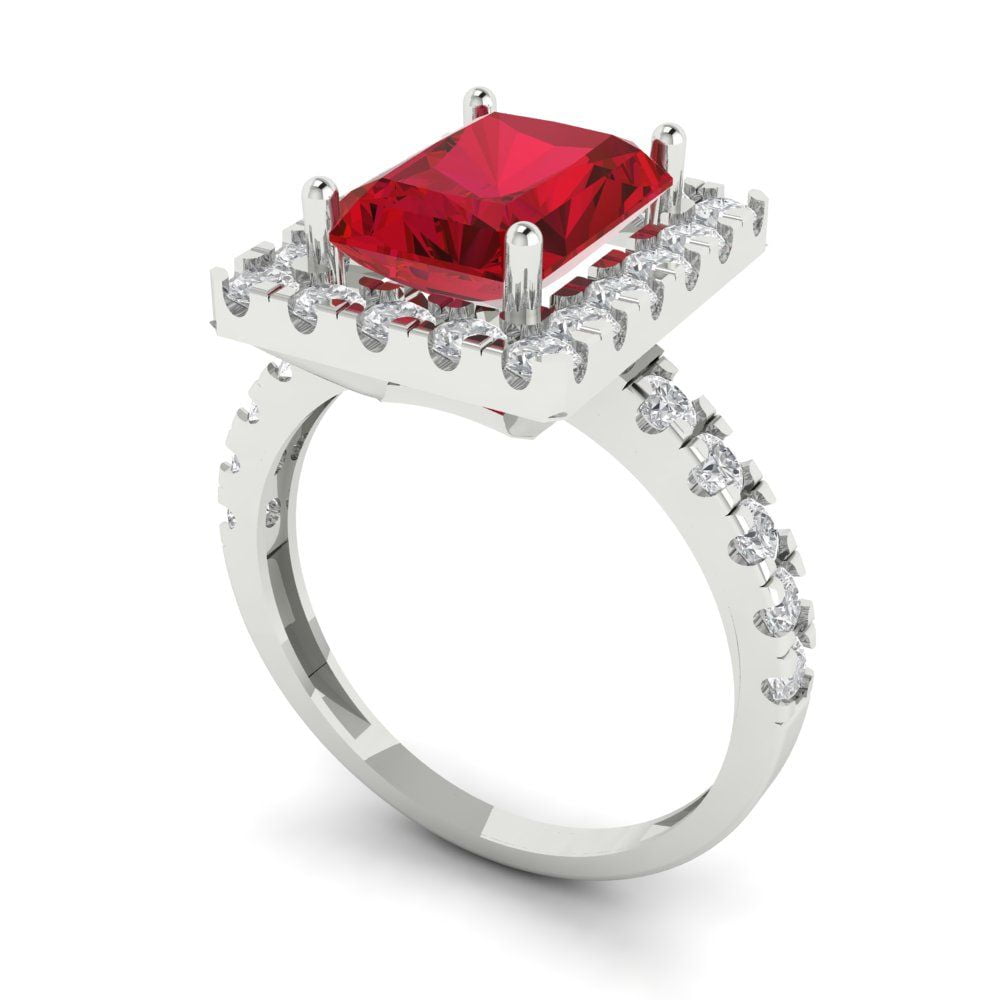 3.84ct emerald cut red ruby 18k white gold halo Bridal Wedding Engagement Promise Anniversary ...