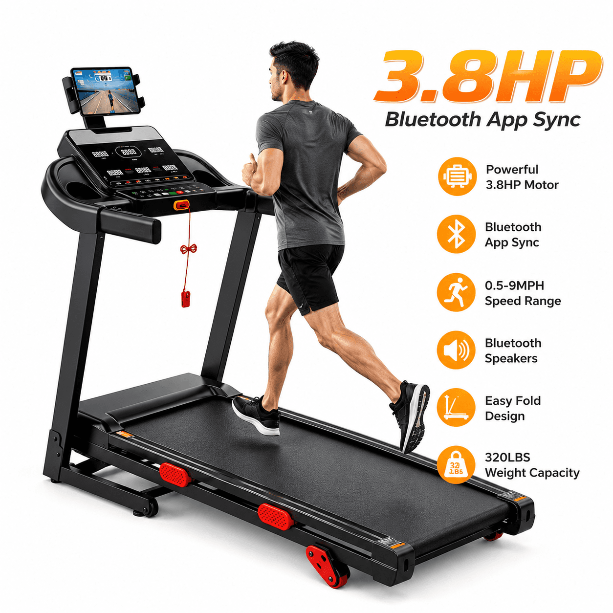 3.8HP Folding Treadmill for Home, 15-Level Auto Incline Running Machine ...