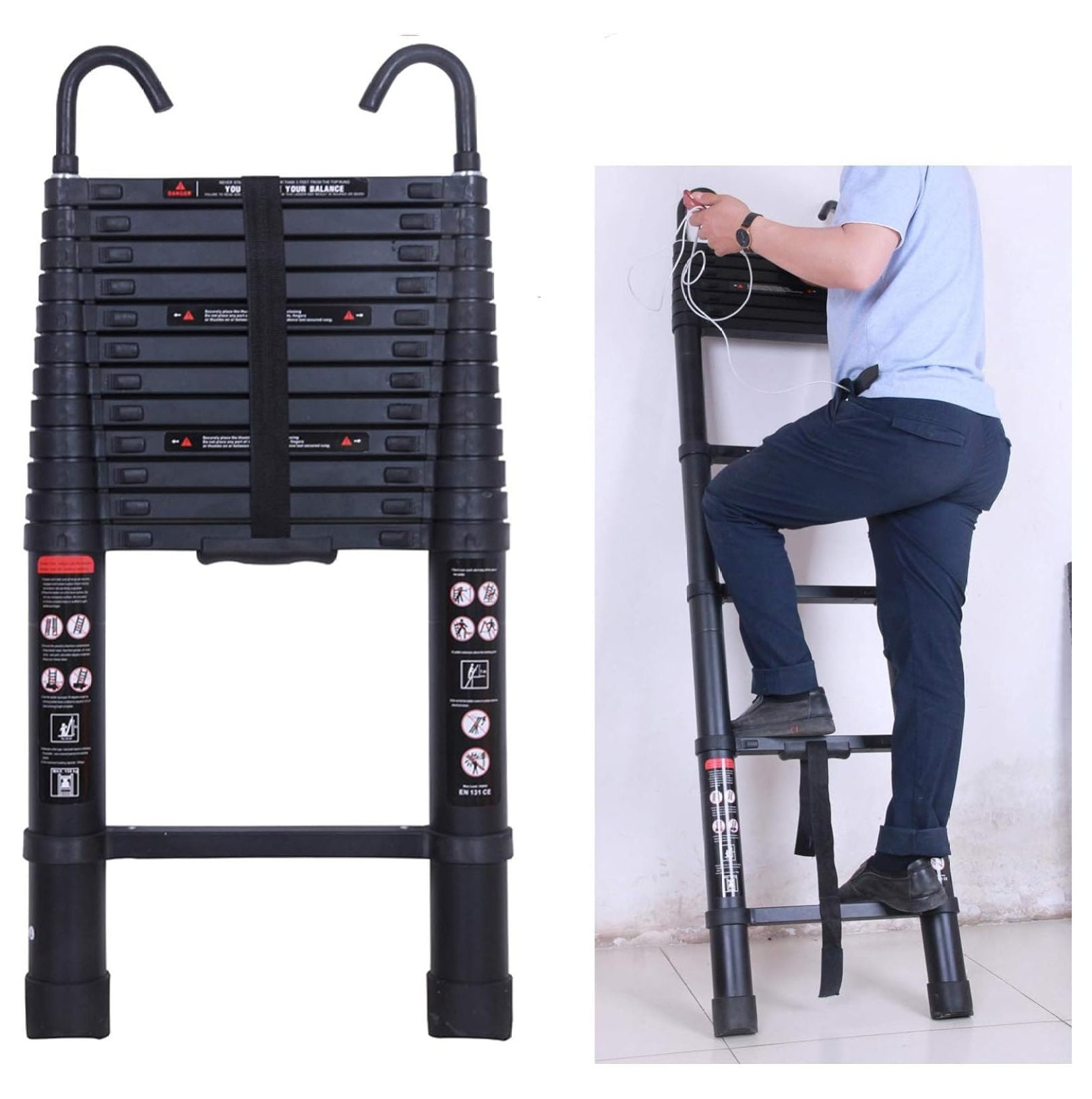 3.8M/12.5FT Telescopic Ladder with Detachable Hook, Aluminium Attic ...