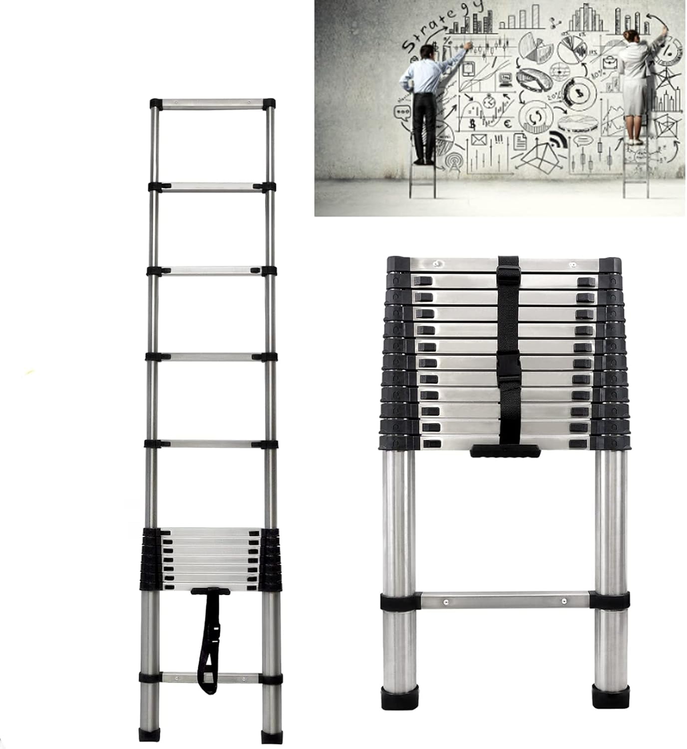 3.8M Telescopic Ladder Multi-Purpose Stainless Steel Telescoping Ladder with 13 Adjustable Steps ...