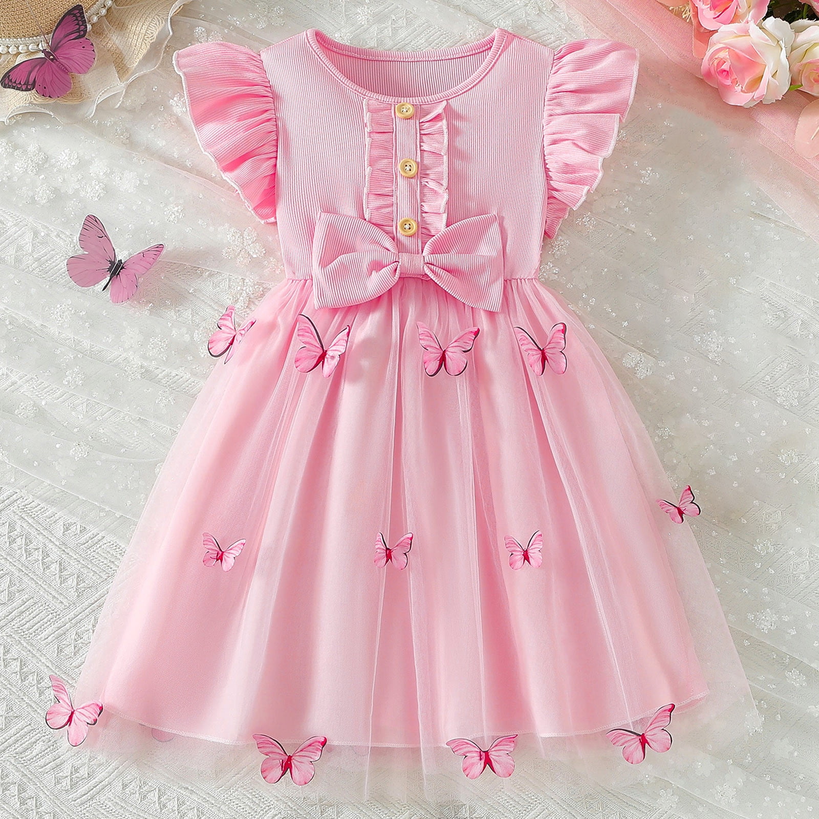 3-8years Girls' Fashion Flutterby Mesh Skirt Short Sleeve Round Neck ...