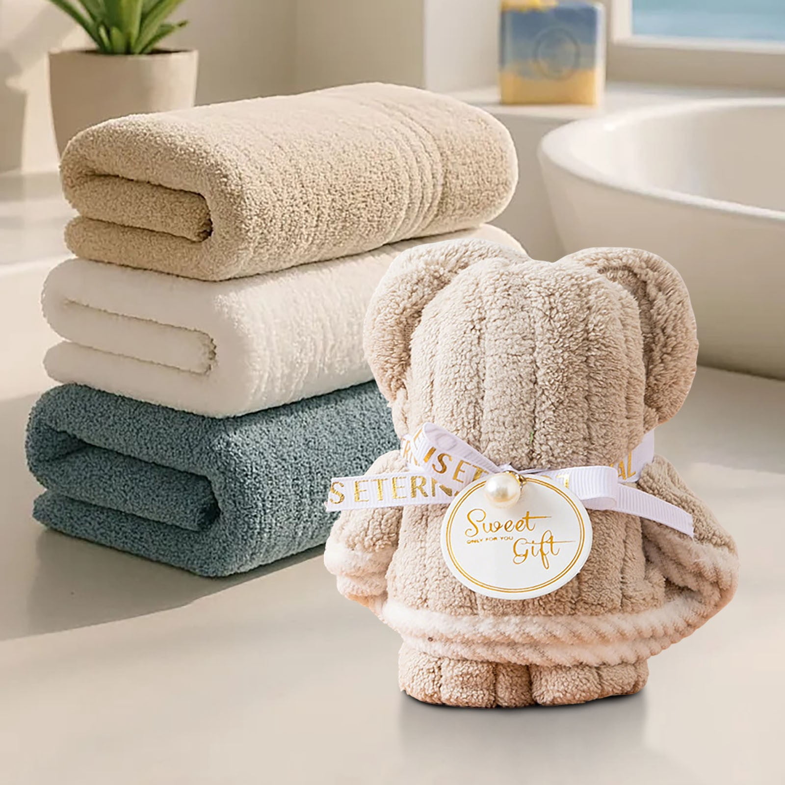 3.9x4.7 Inch Bear Towels Coral Fleece Hand Towels with Bow Pearl, Party ...
