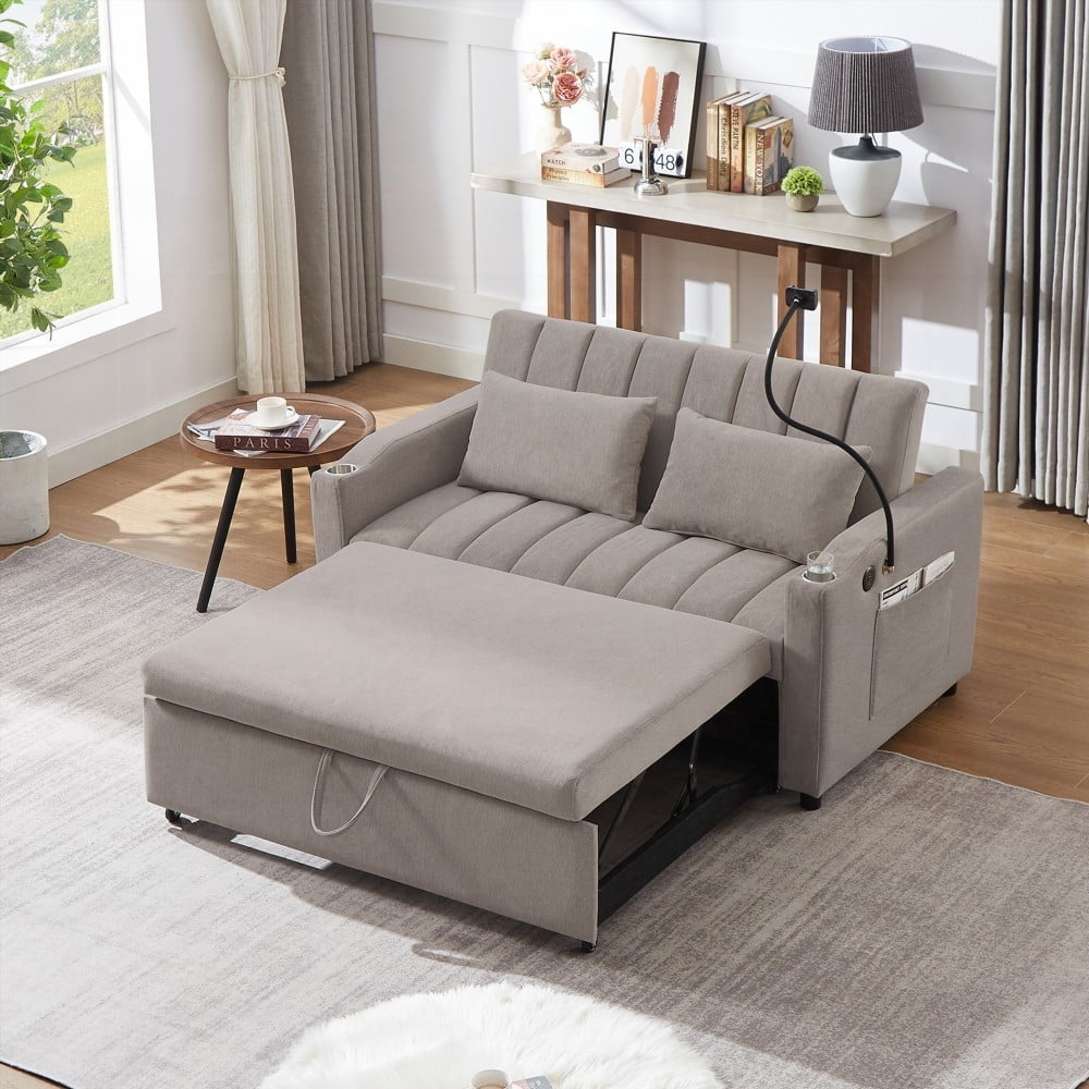 3 Adjustable Backrest Sofa Bed with USB Ports | 55.9" Grey Loveseat ...
