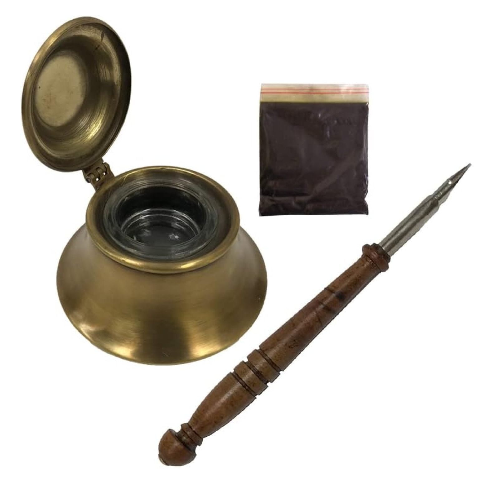 3" Antiqued Brass Inkwell with Removable Glass Bowl, Wood Nib Pen, and ...