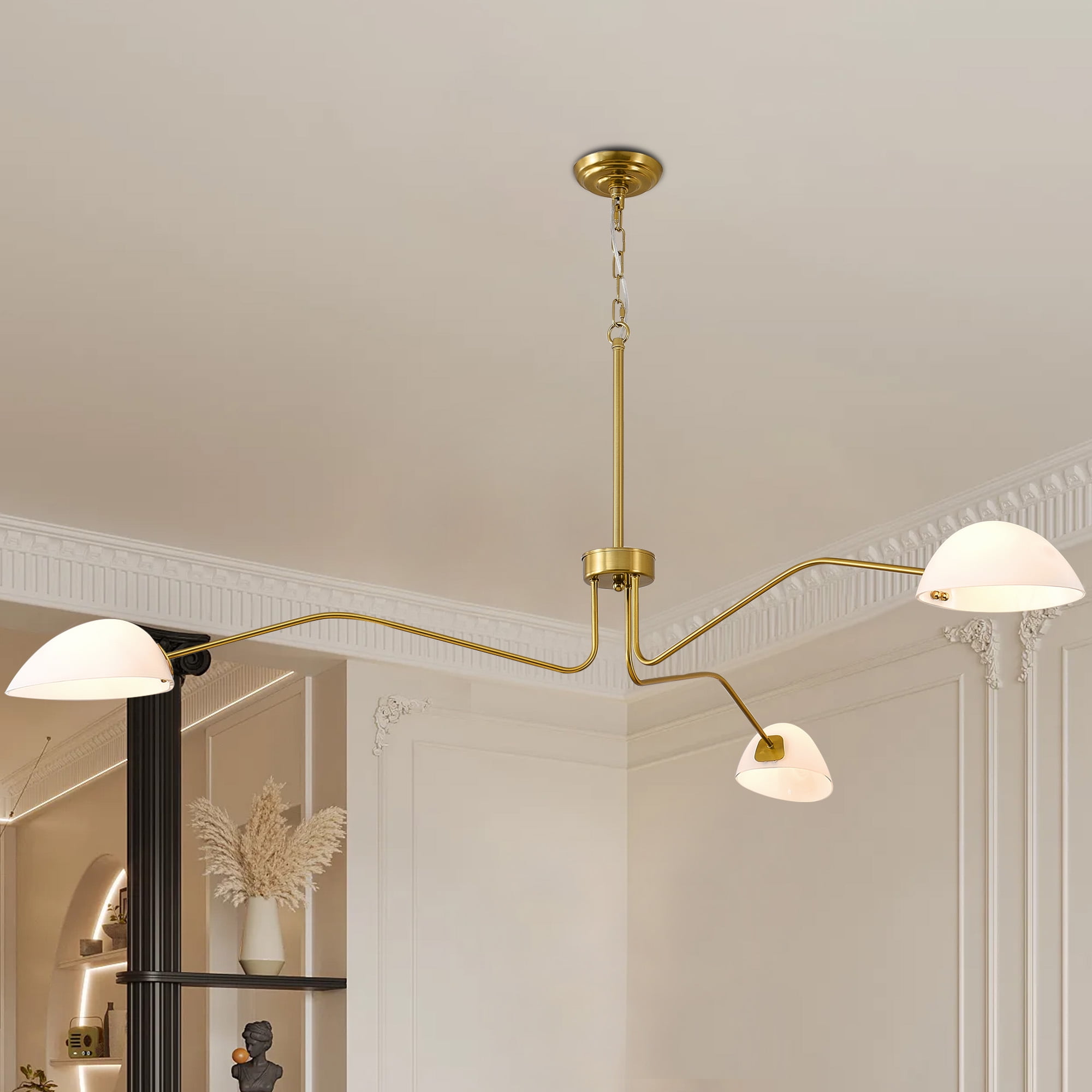 3-Arm Mid-Century Chandelier - Adjustable Semi-Flush Mount with Milky ...