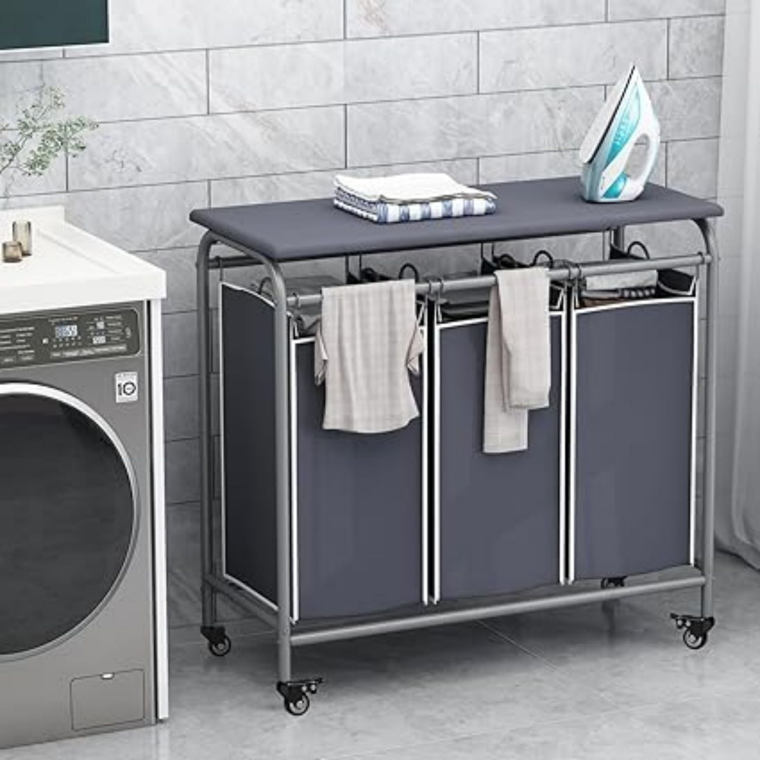 3 Bag Laundry Basket Sorter Heavy Duty Rolling Lockable Wheels Laundry ...