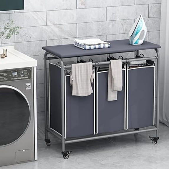 3 Bag Laundry Basket Sorter Heavy Duty Rolling Lockable Wheels Laundry ...