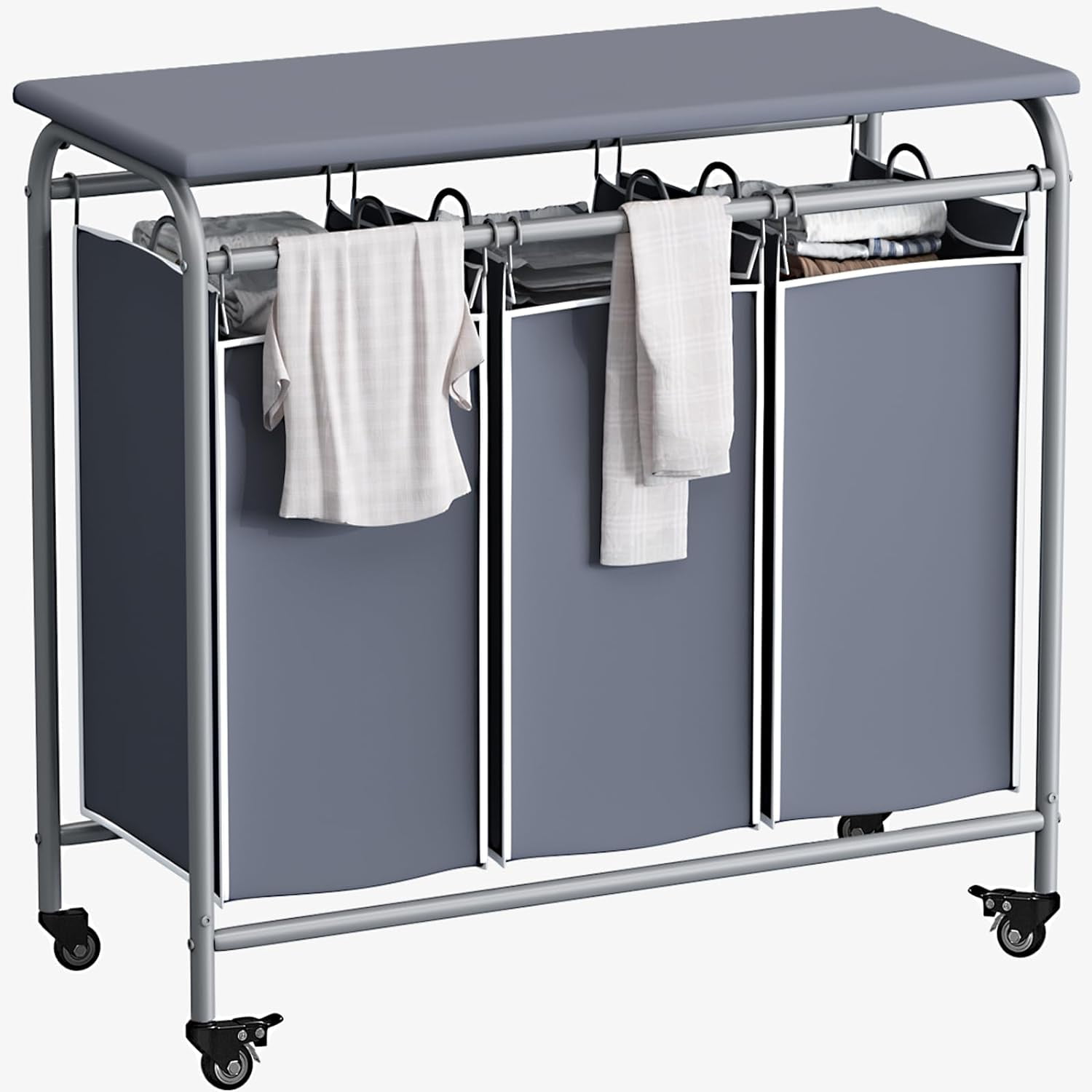 3 Bag Laundry Basket Sorter Heavy Duty Rolling Lockable Wheels Laundry ...