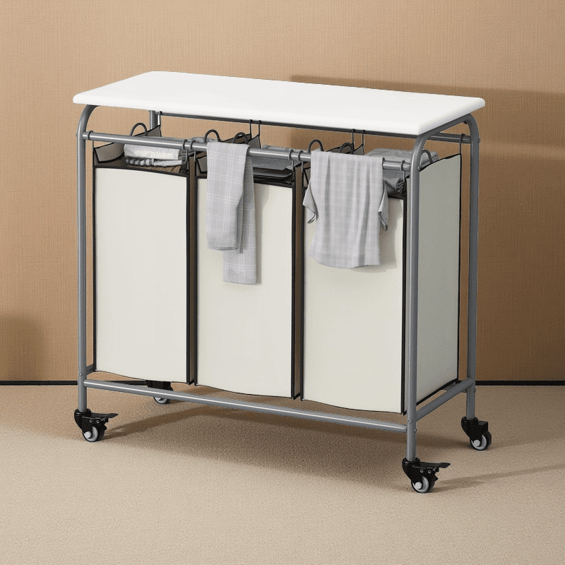 3-Bag Laundry Cart - Lockable Wheels & Built-In Ironing Board ...